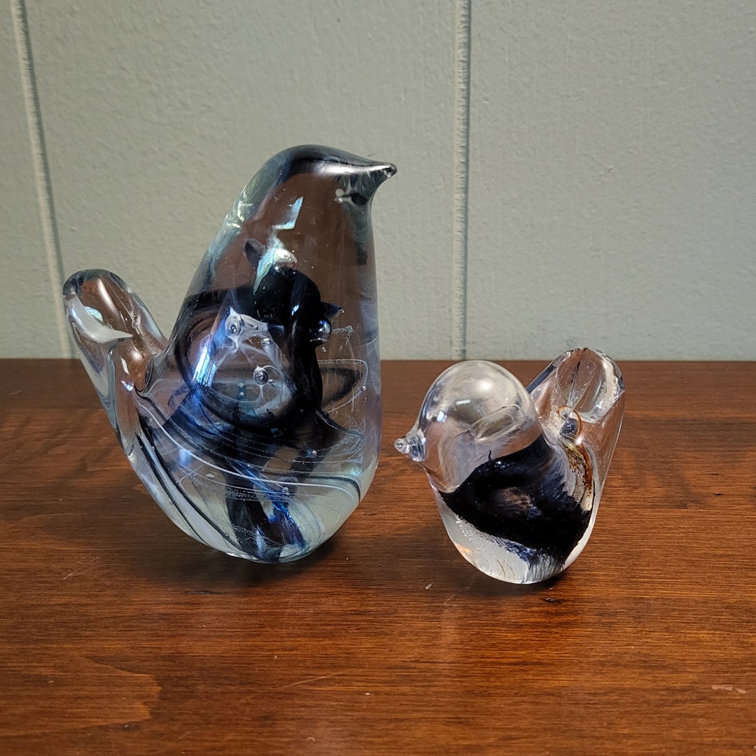 Set of 2 - Hand Blown Swirl Art Glass Baby Bird and Mother Bird ...