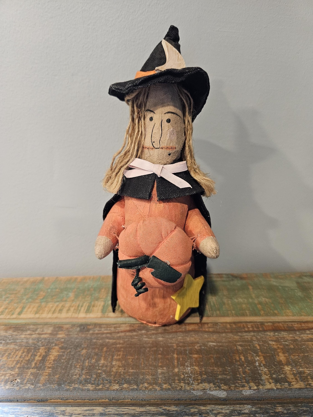 Halloween Vintage Folk Art Witch Figure With String Hair, Witch Hat and ...