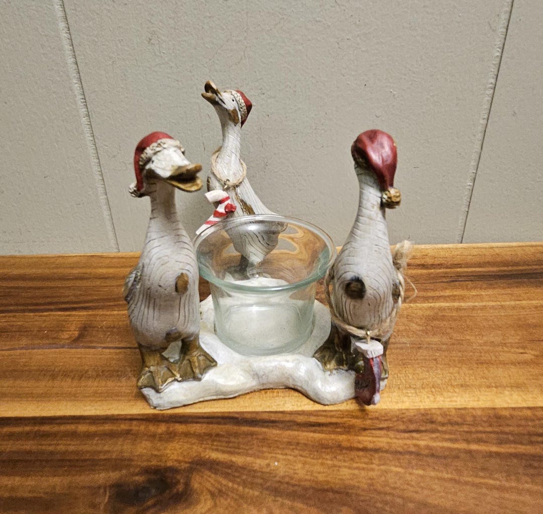 Trio of Christmas Ducks Votive Holder Wearing Santa Hats - Rare Hand ...