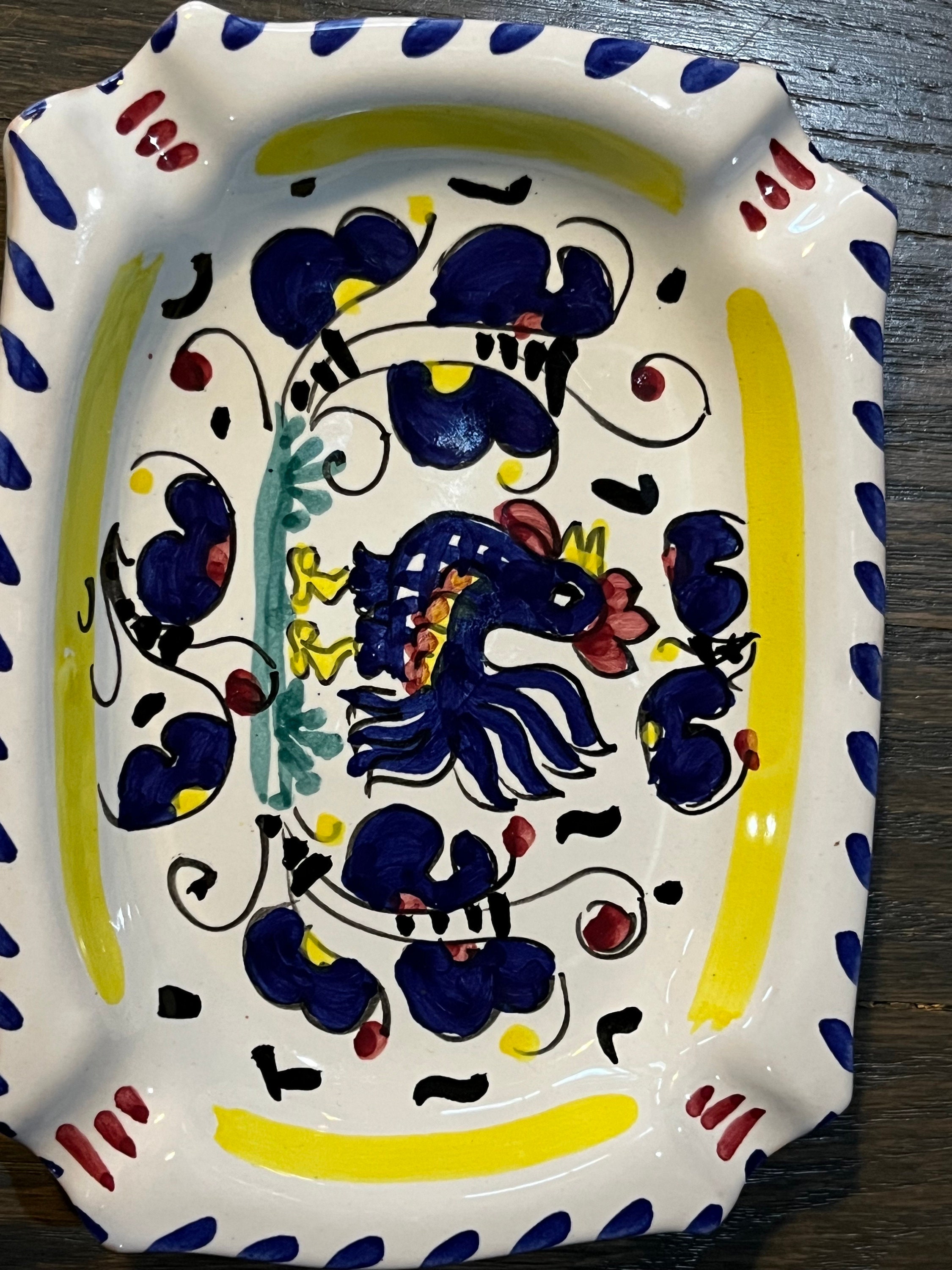 Sambuco Mario Vintage Deruta Blue Floral Ceramic Rooster Ashtray Hand ...