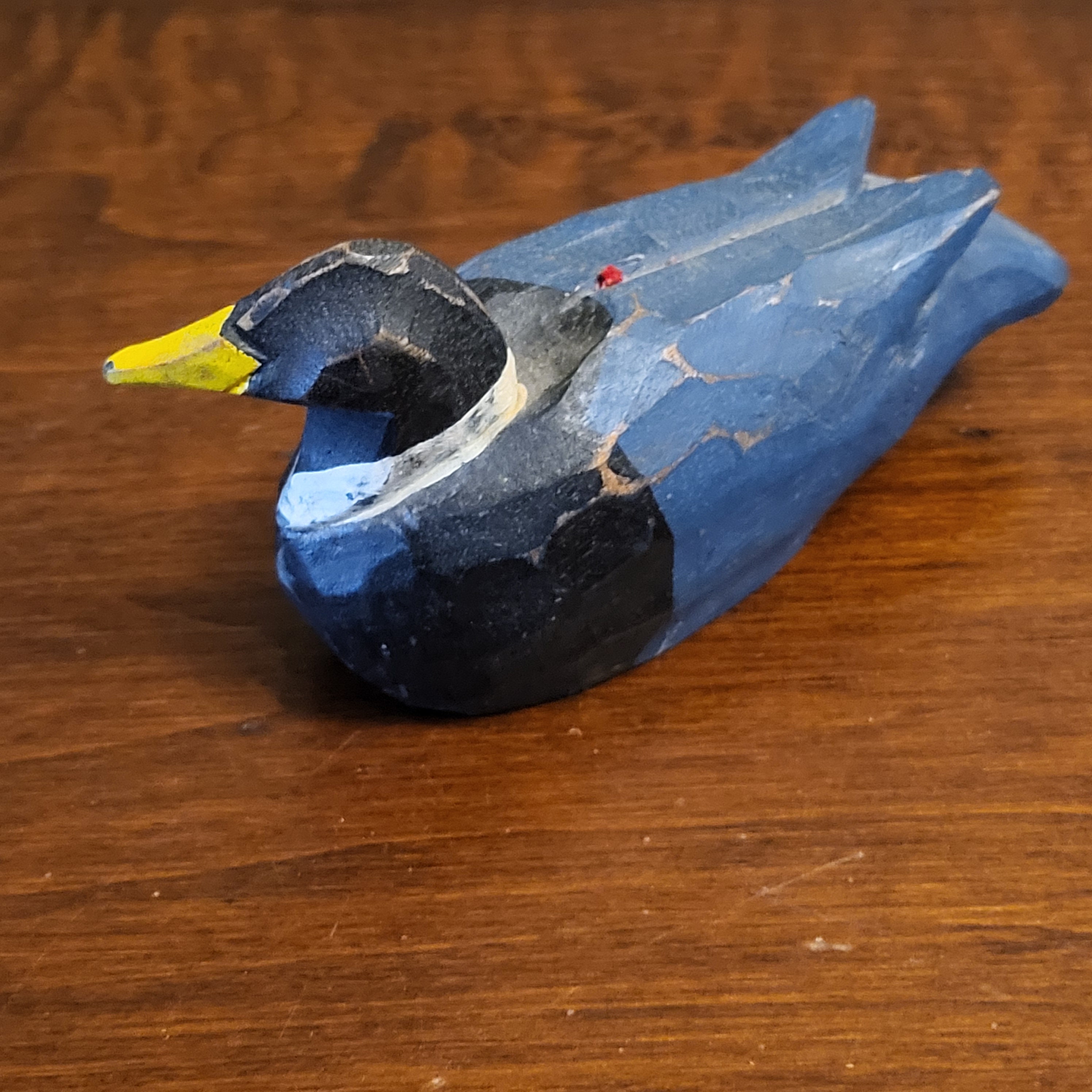 Miniature Hand Carved Wooden Duck Decoy - Blue, Black and Yellow - 4.5 ...
