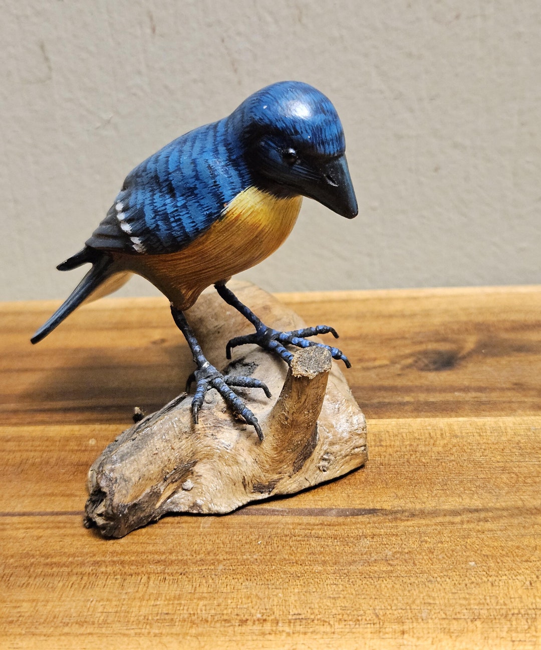 Hand Carved and Painted Blue Bird on Wood Driftwood Branch Base - 3 ...