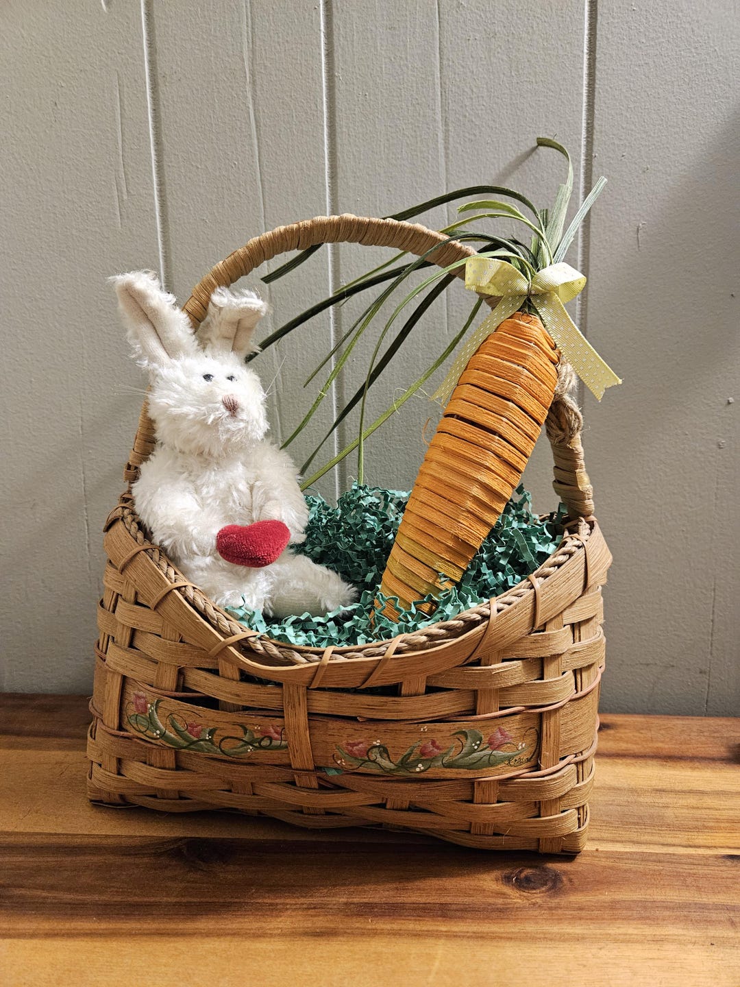Bunny Basket With Plush Bunny Holding Heart and Large Carrot - Artist ...