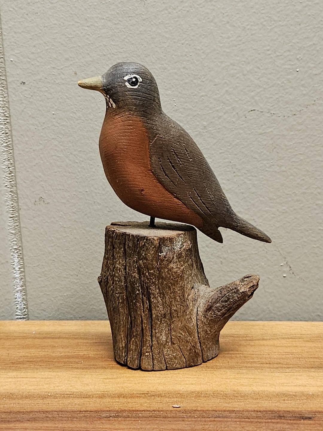 Hand Carved Original Wood Robin Bird Sculpture- Natural Wood Pedestal ...