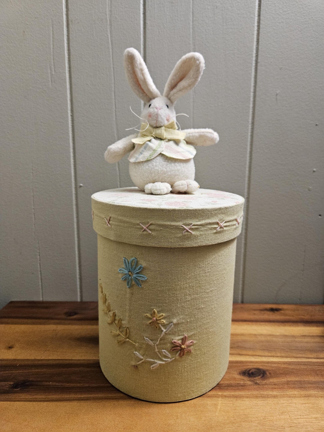 Vintage Handmade Easter Bunny Rabbit Storage Container Box -embroidered ...