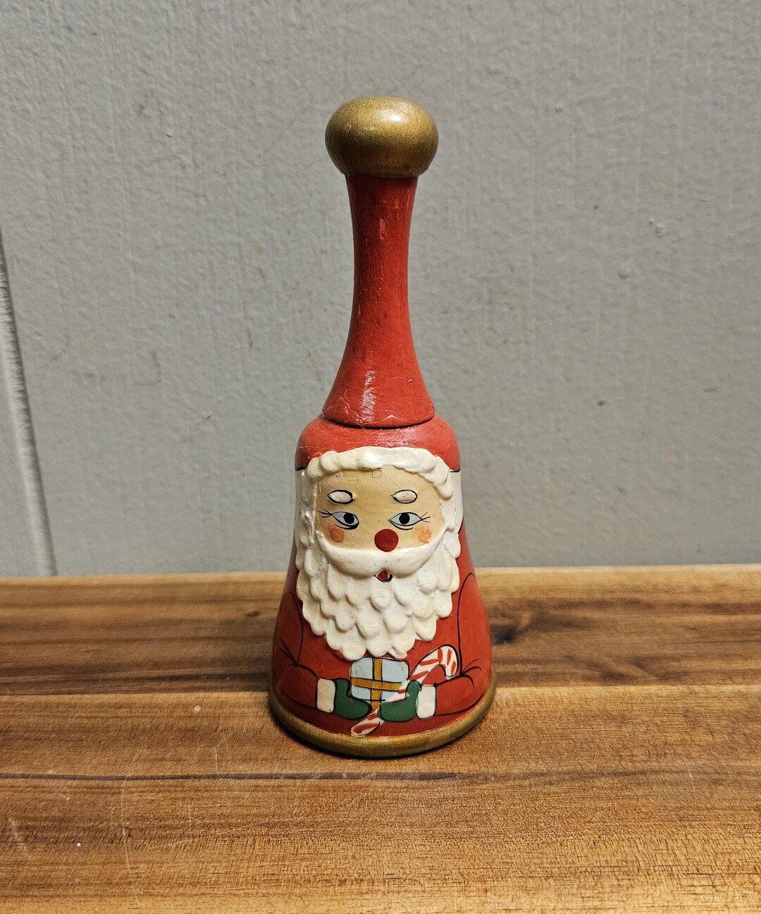 Vintage Wooded Hand Painted Santa Bell Ornament - Santa Hat and Holding ...