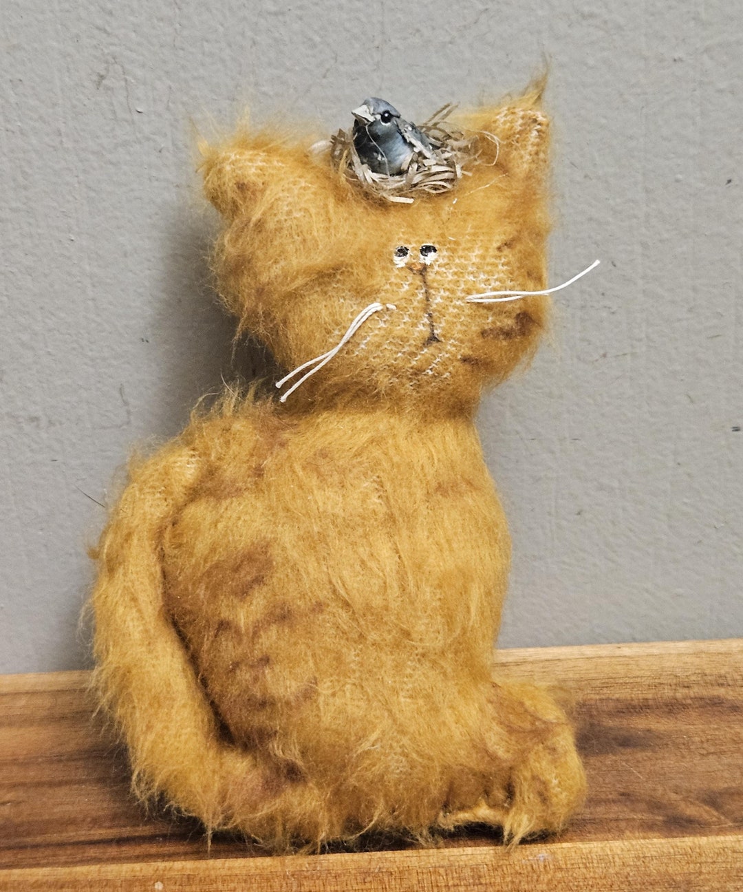 Handmade Hand Sewn Yellow Tabby Cat With Bird Nest on Head Christmas ...