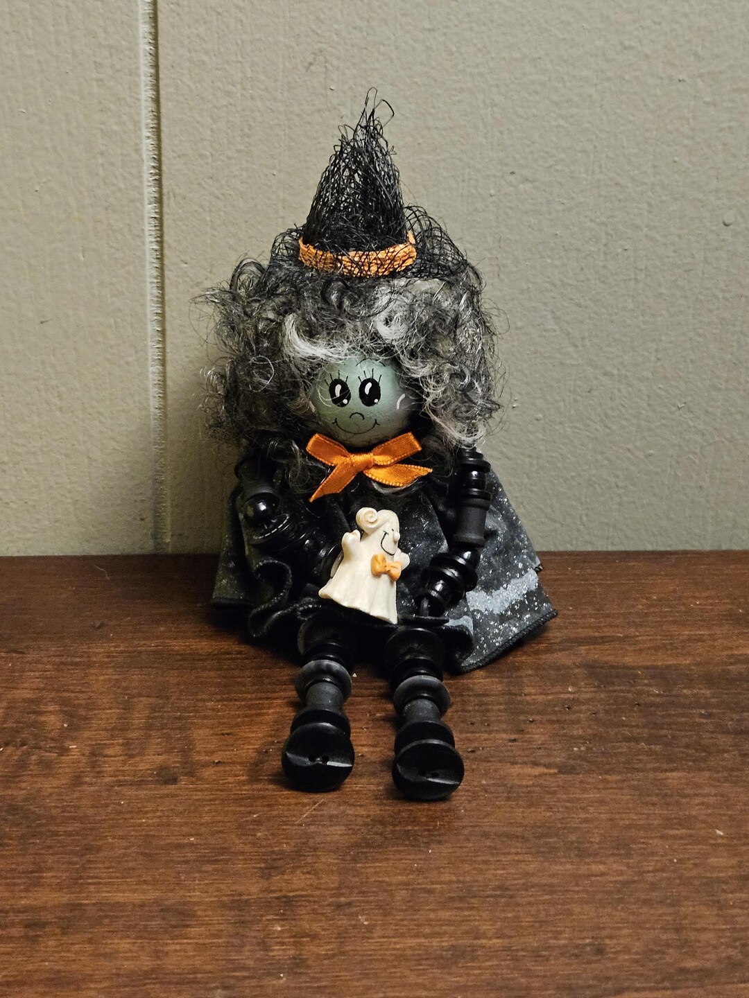 Halloween Vintage Folk Art Spool Thread Witch Doll / Figure With Black ...