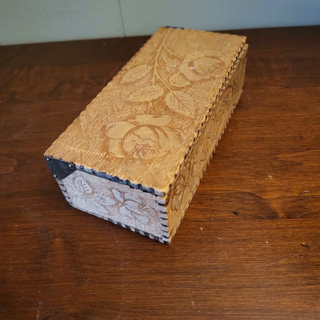 Pyro Art Rose and Scroll Design Vintage Wood Pencil Box With Brass ...