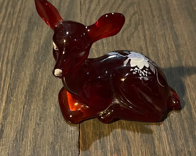 Fenton Art Glass Vintage Ruby Red Fawn Deer Hand Painted - Etsy