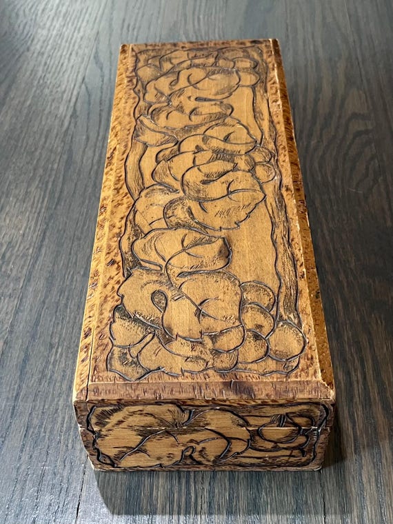 Victorian Pyrography Woodburned Glove Box with Grapes… - Gem