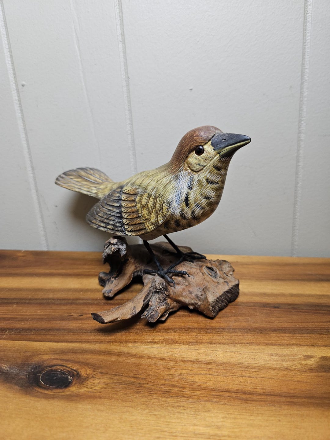Sparrow Wren With Realistic Wire Feet on Driftwood Base- Artist Carved ...