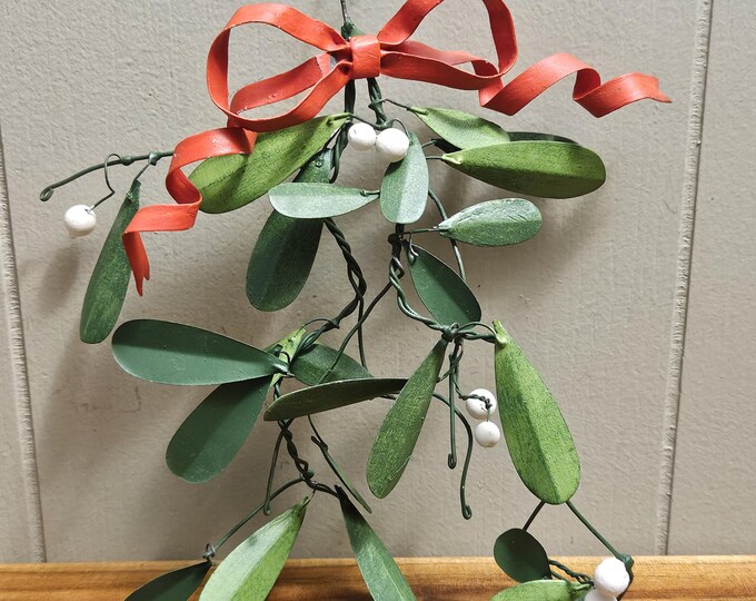 Artist Made /hand Painted Green & White Mistletoe Sprig With Red Ribbon ...