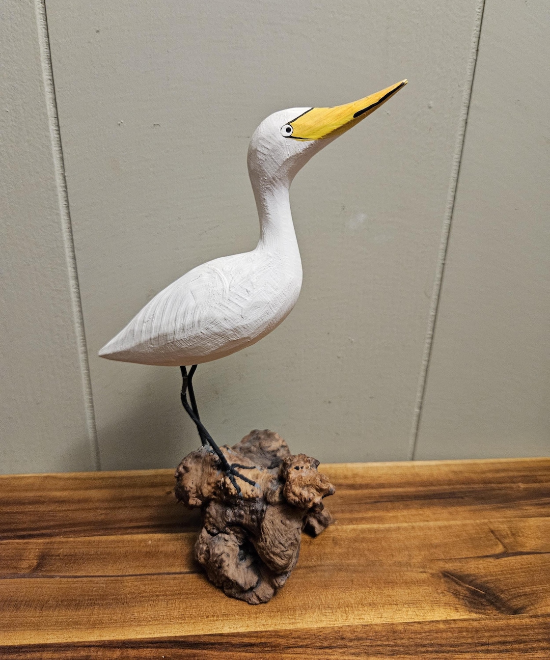 Artist Carved and Hand Painted Miniature White Egret on Driftwood Base ...