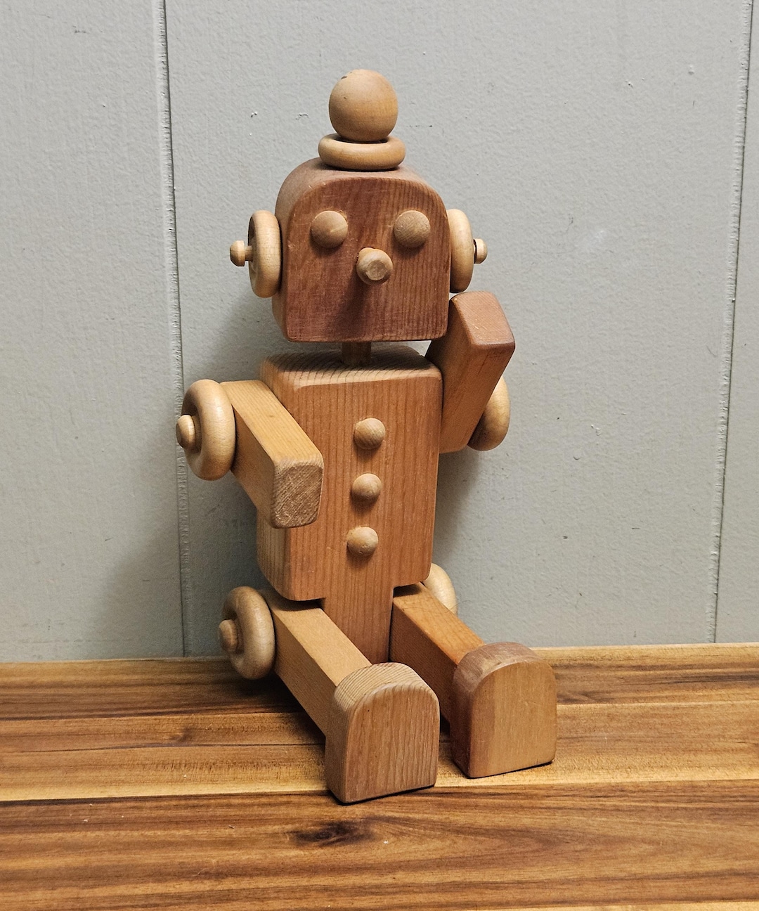 Vintage Christmas Wooden Robot Toy - Articulated Movable Wheel Jointed ...