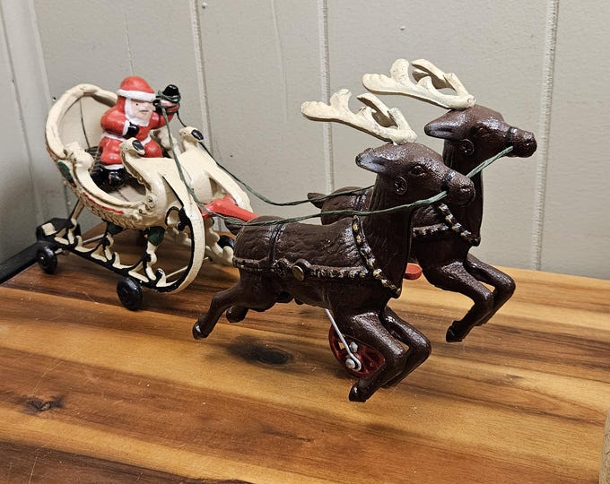 Vintage Cast Iron / Metal Santa Sleigh With Two Reindeer and Santa Toy ...