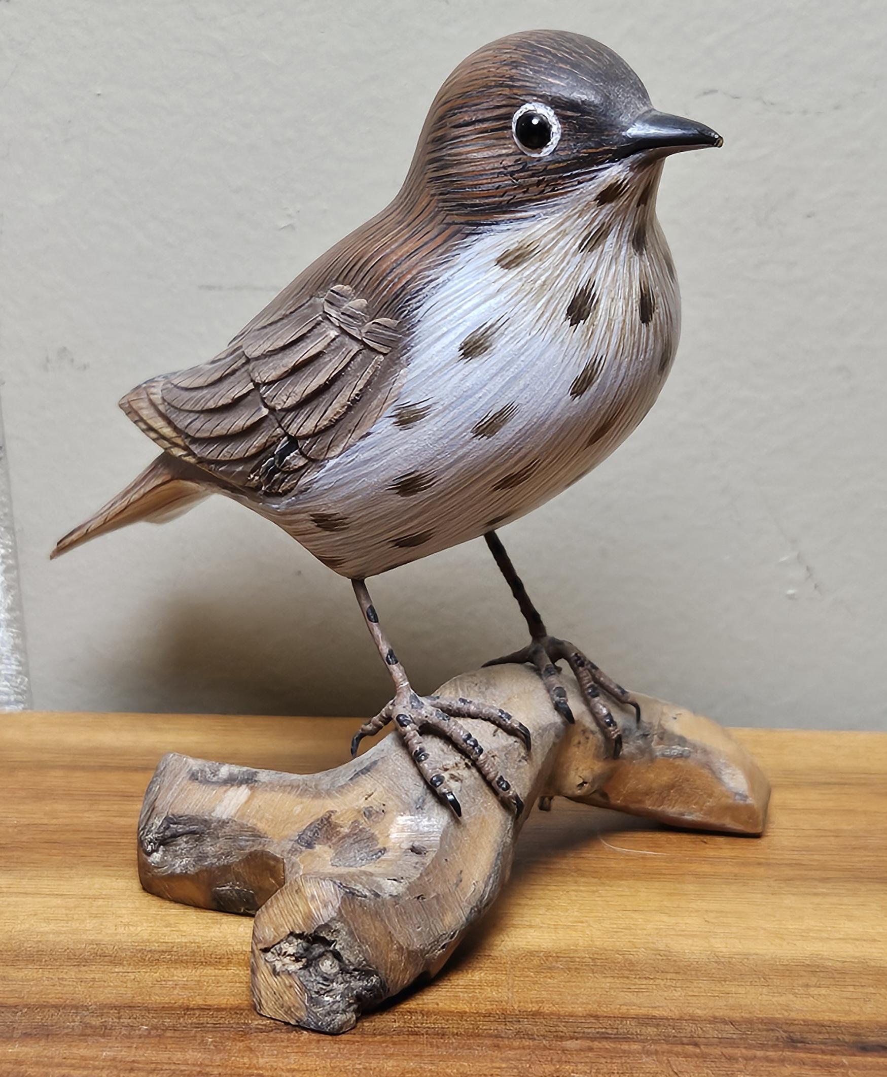 Sparrow Wren With Realistic Wire Feet on Driftwood Base- Artist Carved ...