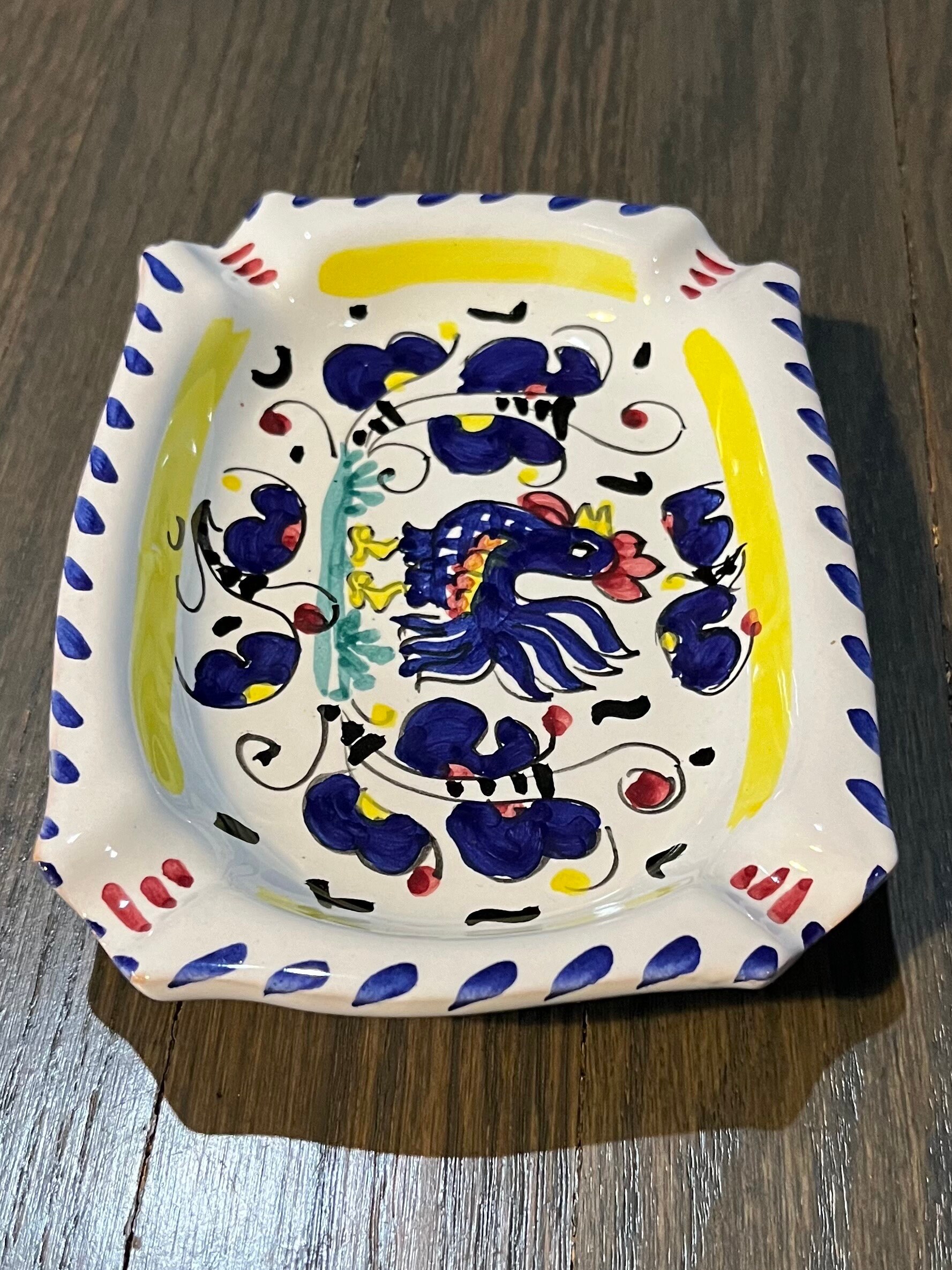 Sambuco Mario Vintage Deruta Blue Floral Ceramic Rooster Ashtray Hand ...