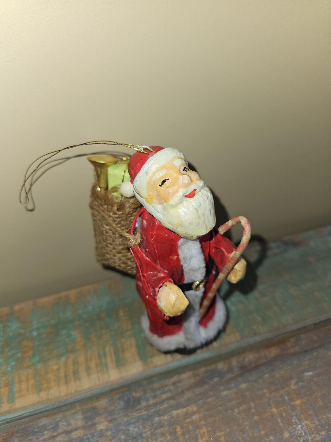 Vintage Paper Mache Santa Holding Candy Cane Staff and Burlap Bag of ...
