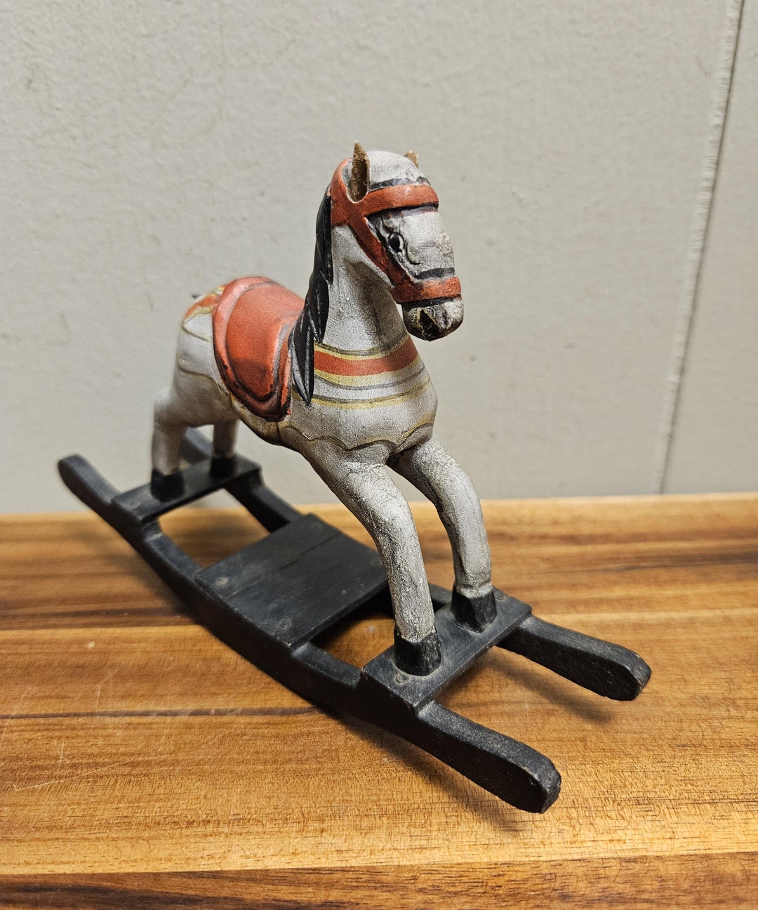 Vintage Christmas Wooden Wood Carousel Rocking Horse - Hand Carved and ...
