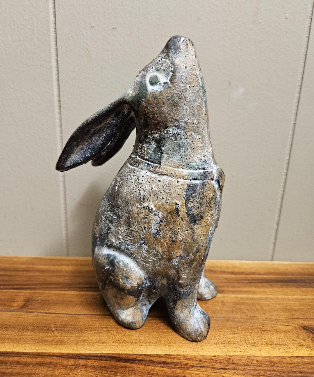 Iron Cast Moon Gazing Rabbit Vintage MCM Sculpture Green and Gold ...