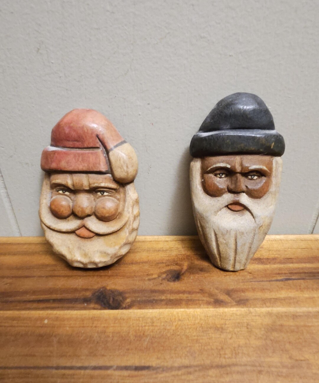 Folk Art Set of 2 Wood Carved Santa Faces - Vintage Hand Painted Old ...
