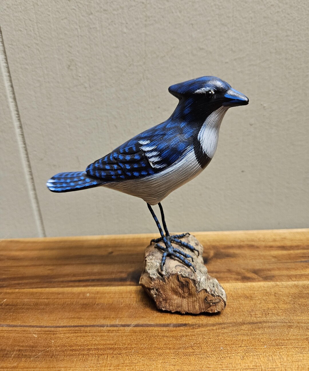 Hand Carved and Painted Blue Jay Bird on Wood Driftwood Branch Base - 4 ...