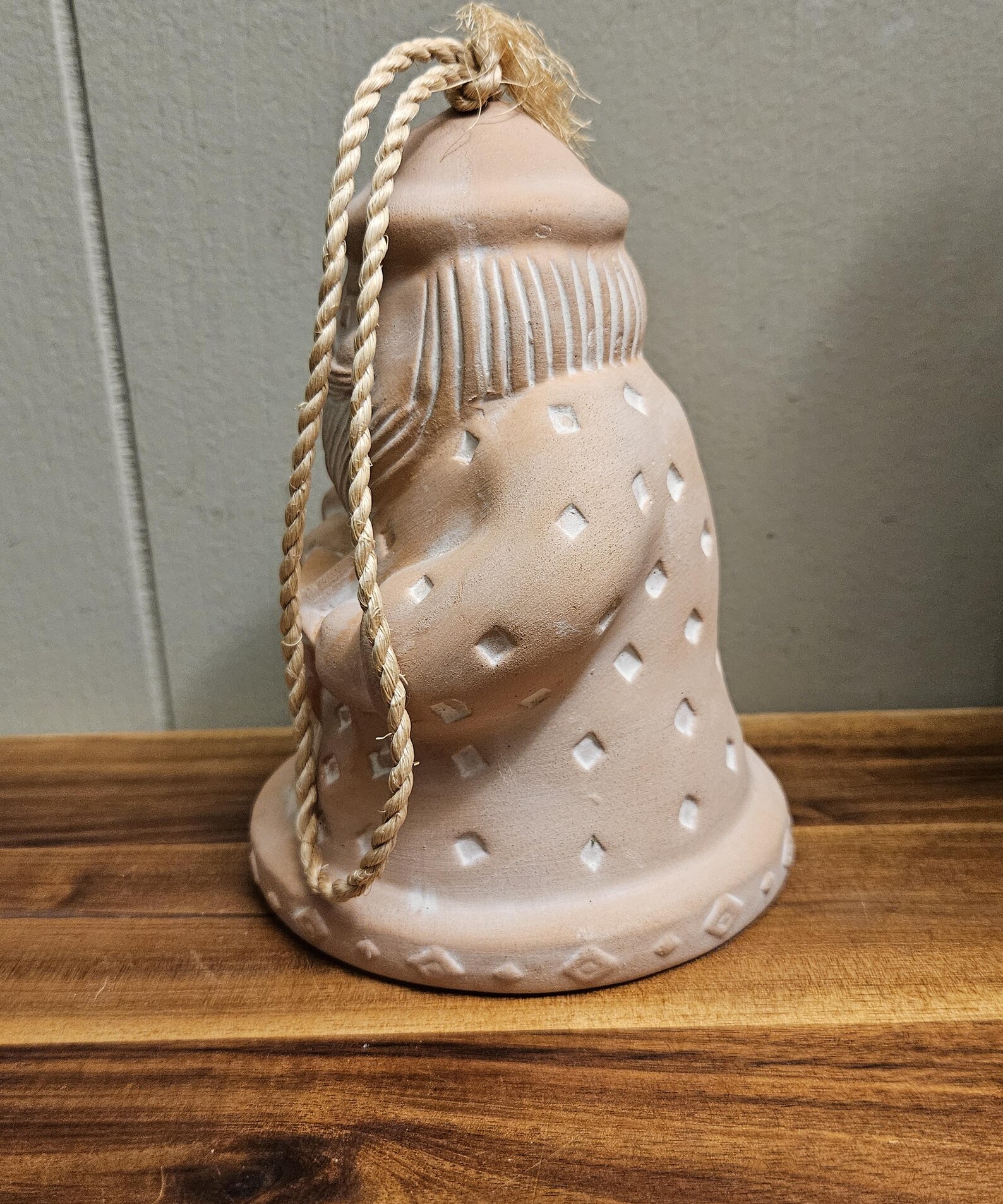 Vintage Artist Hand Formed, Carved Terra Cotta Pottery Clay Santa Bell ...