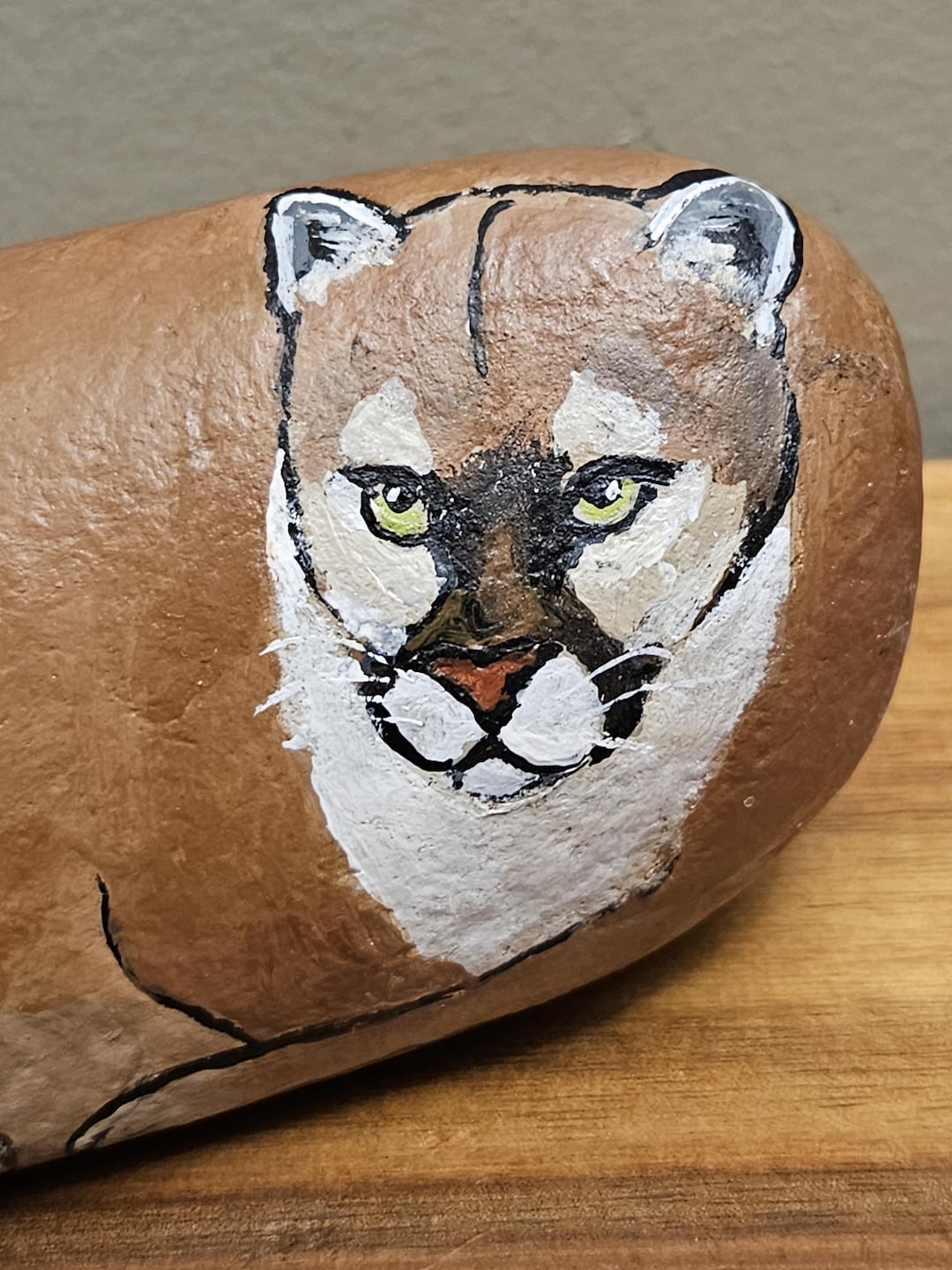 Realistic Hand Painted Mountain Lion, River Rock - Artist Painted ...