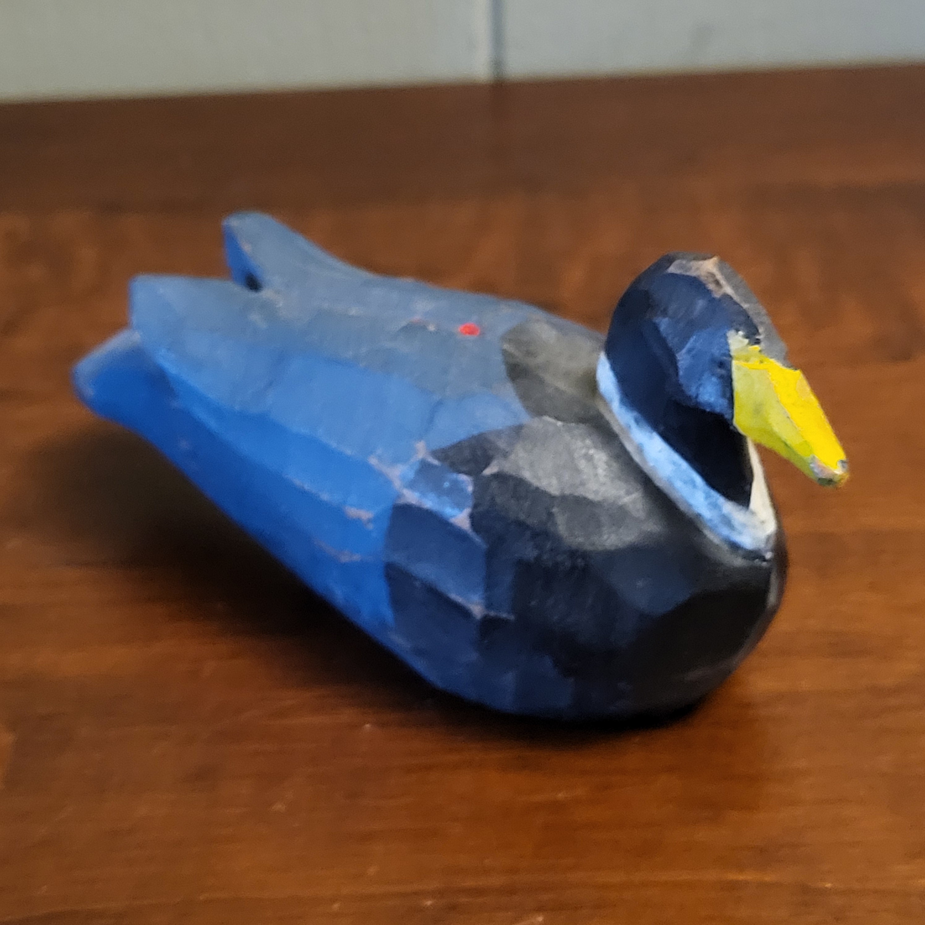 Miniature Hand Carved Wooden Duck Decoy - Blue, Black and Yellow - 4.5 ...