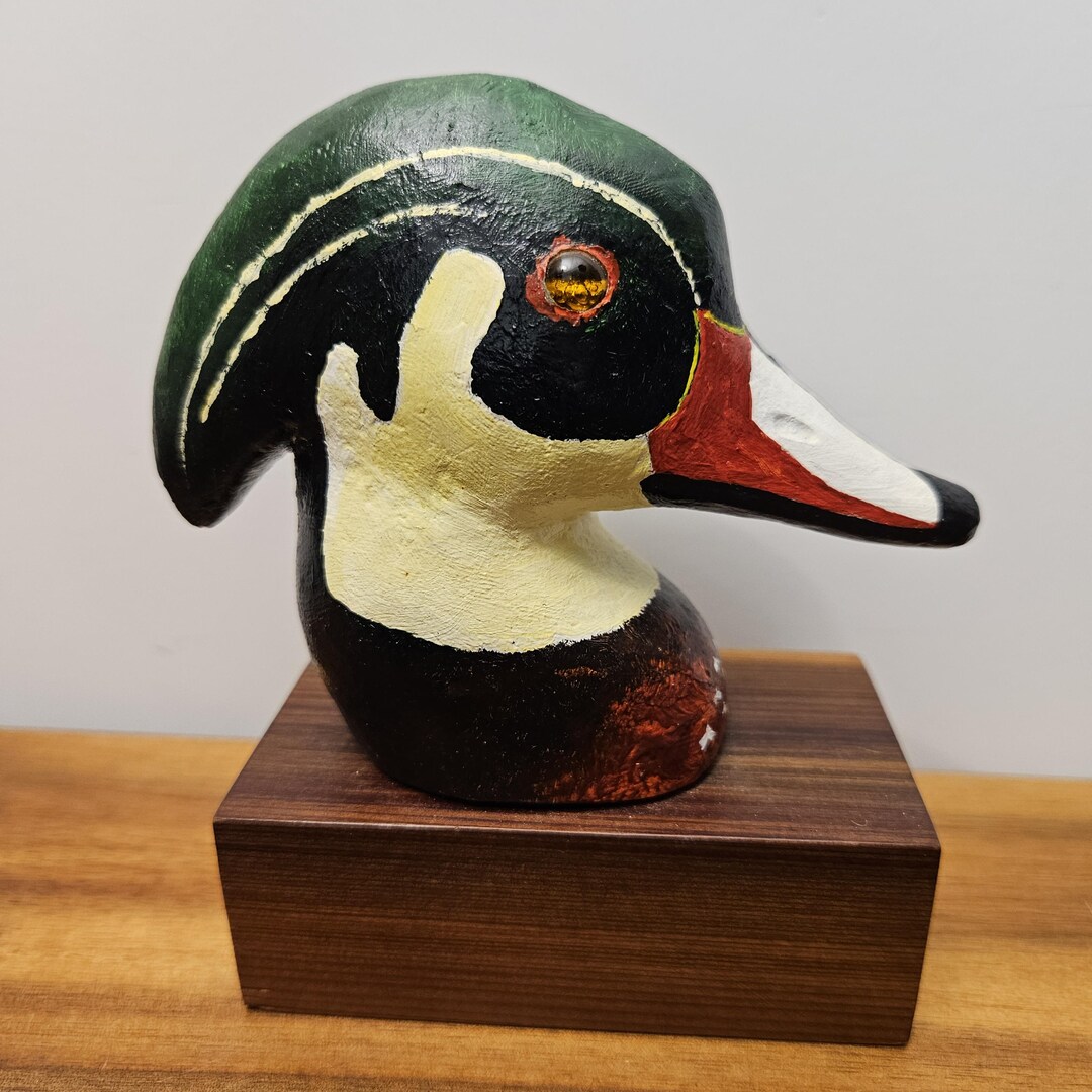 Drake Wood Duck Decoy Head on Pedestal Wood Base - Vintage 1980 Artist ...