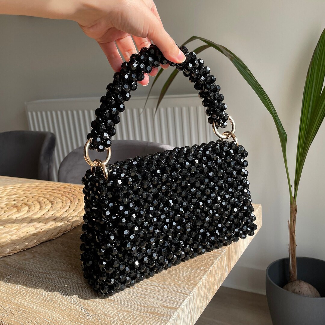 Black Beaded Bag / Lady Chic / Gift / Classic, Simple and Comfortable Handmade Bag / Every Day ...