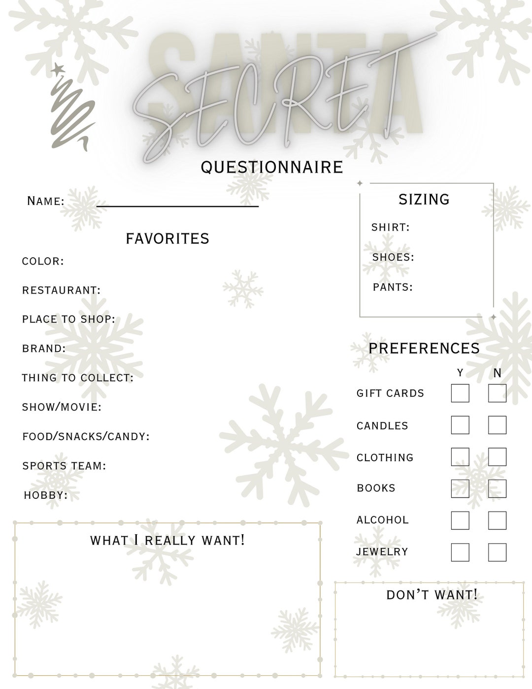 Secret Santa Questionnaire Christmas Printable & Simple - Etsy