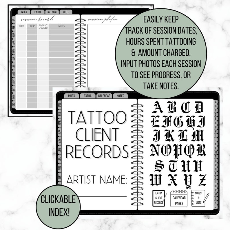 Tattoo Client Record Book With Calendar & Planner Digital Planner ...