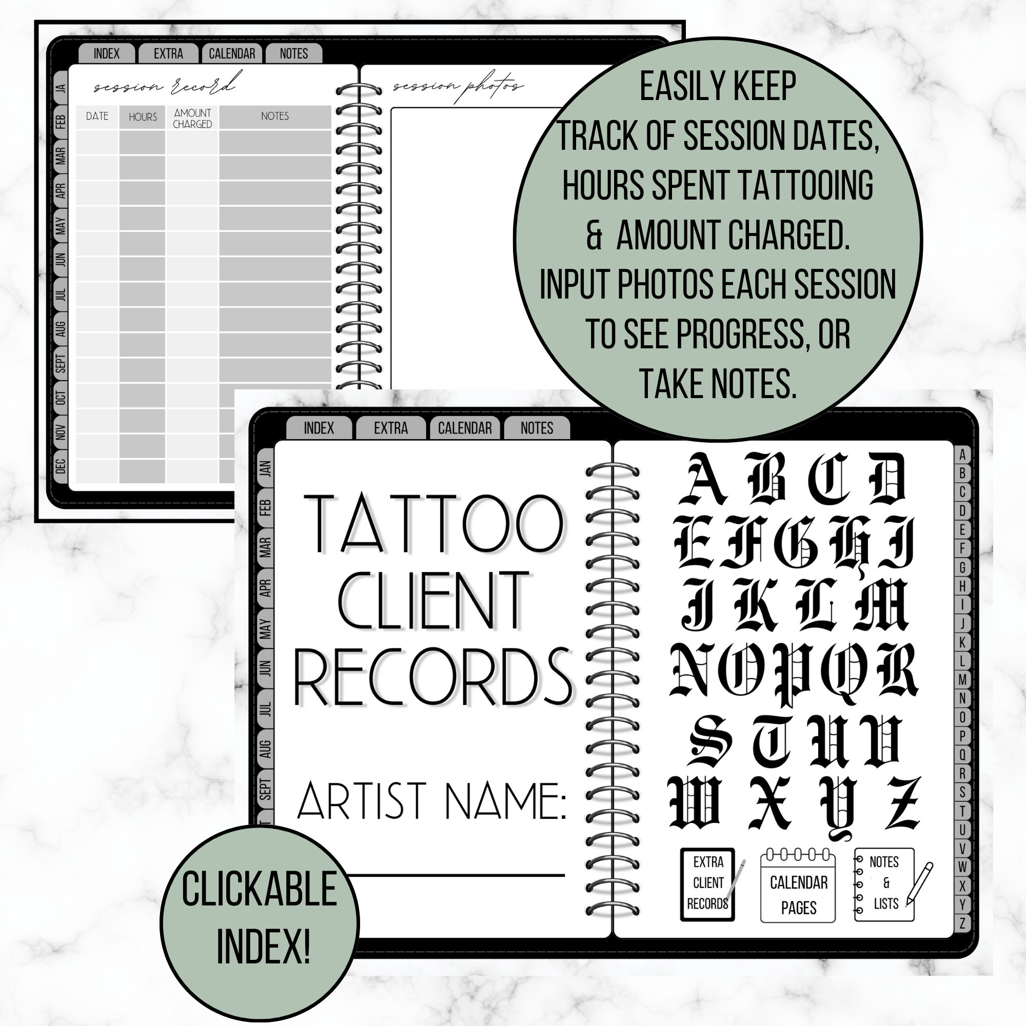 Tattoo Client Record Book With Calendar & Planner Digital Planner ...