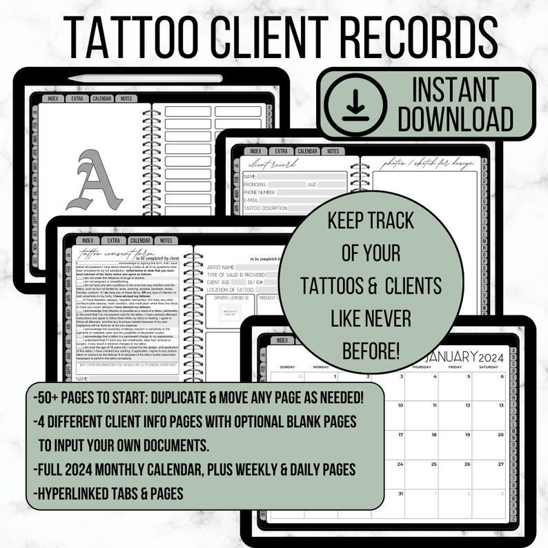Tattoo Client Record Book With Calendar & Planner! - Digital Planner ...