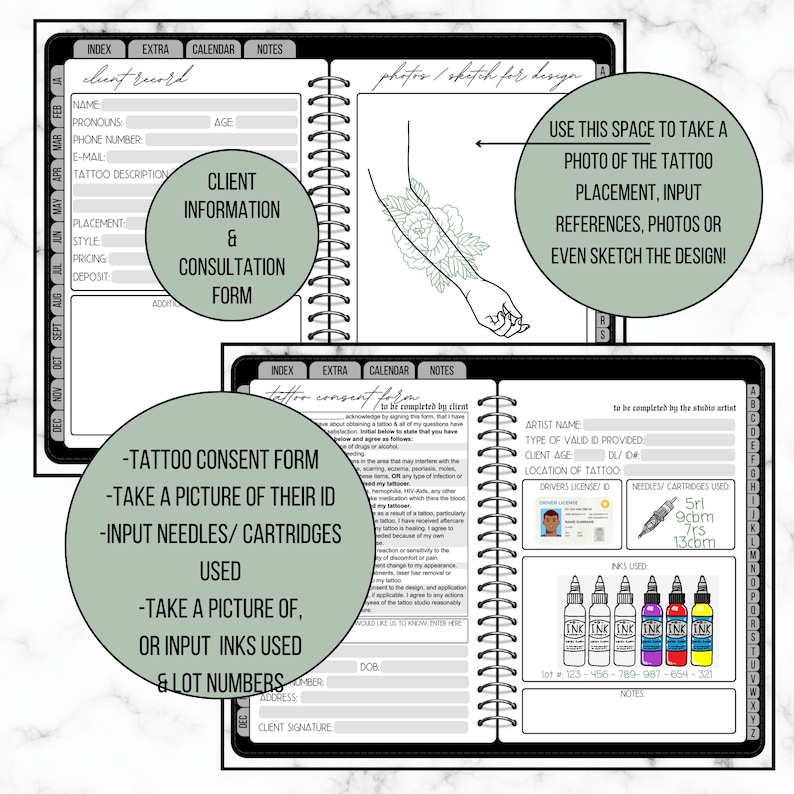Tattoo Client Record Book With Calendar & Planner! - Digital Planner ...