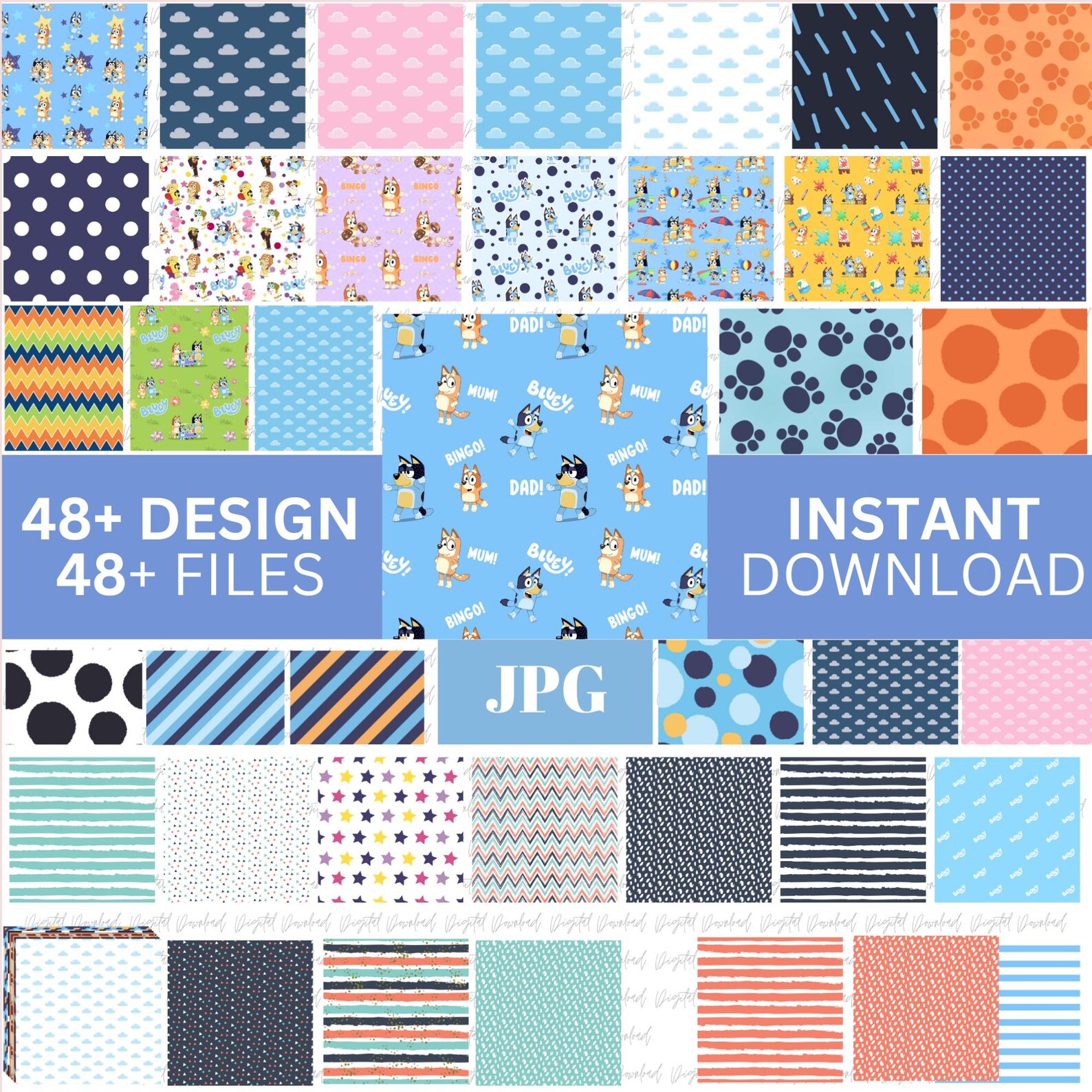 Dog Digital Paper, Bluey Digital Paper, Animal Digital Paper, Blue ...