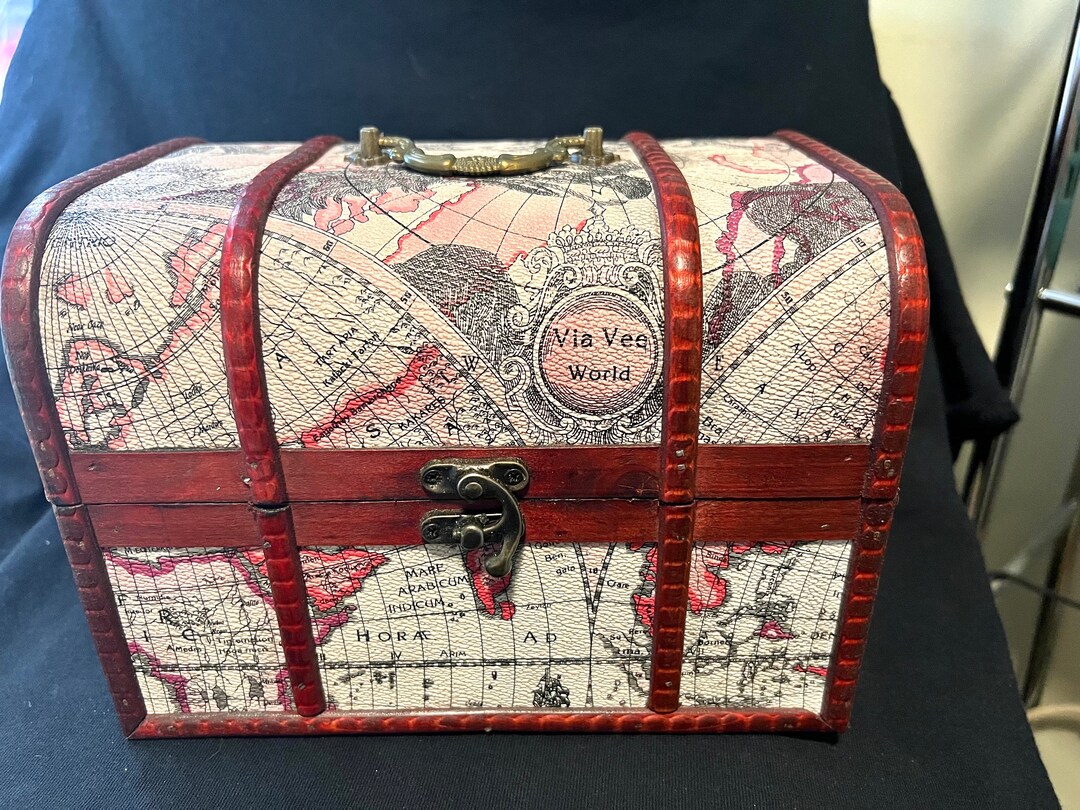 Set of 3 Wine Red Wooden & Map Pattern Faux Leather Nesting Treasure ...
