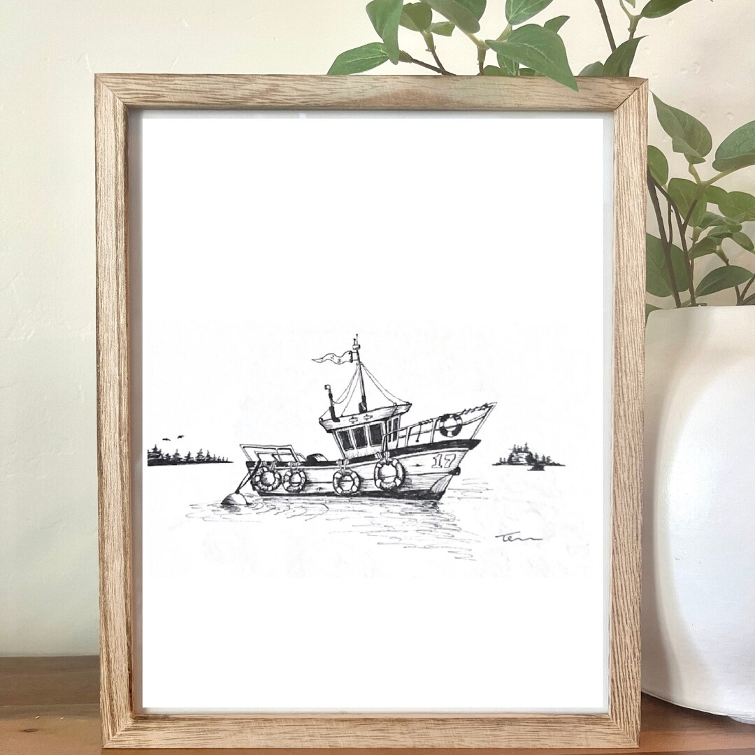 Boat Sketch - Original Artwork Sharpie Floating Sea Lake Water Island ...