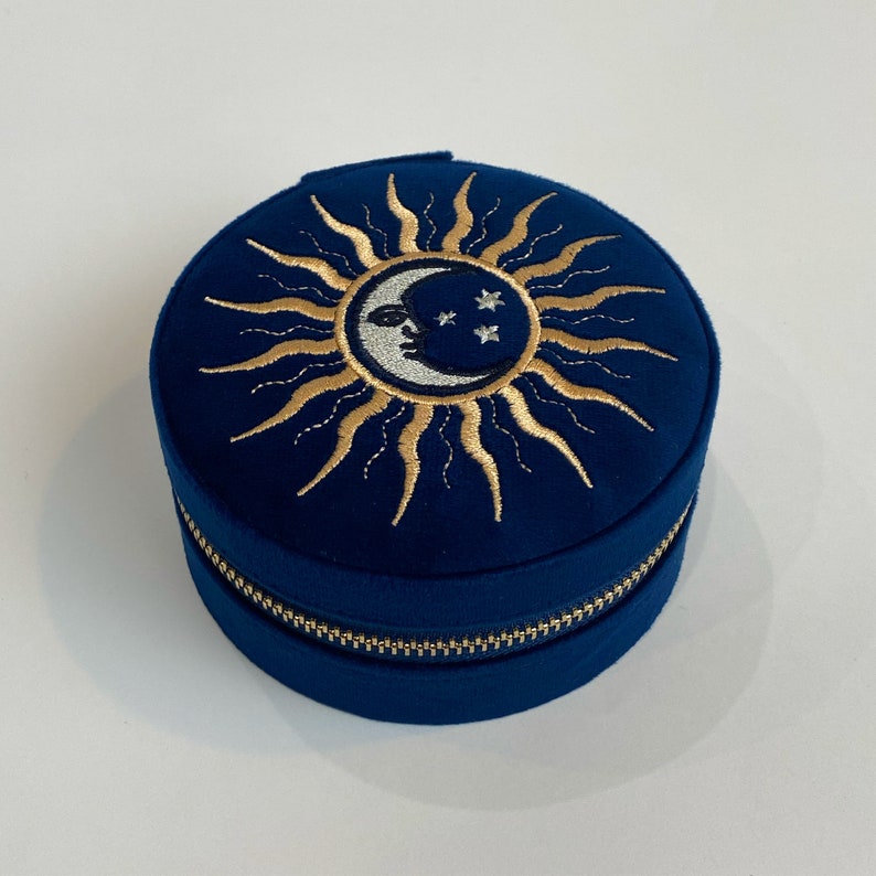 Blue Velvet Embroidered Celestial Design Round Travel Jewellery Box - Etsy
