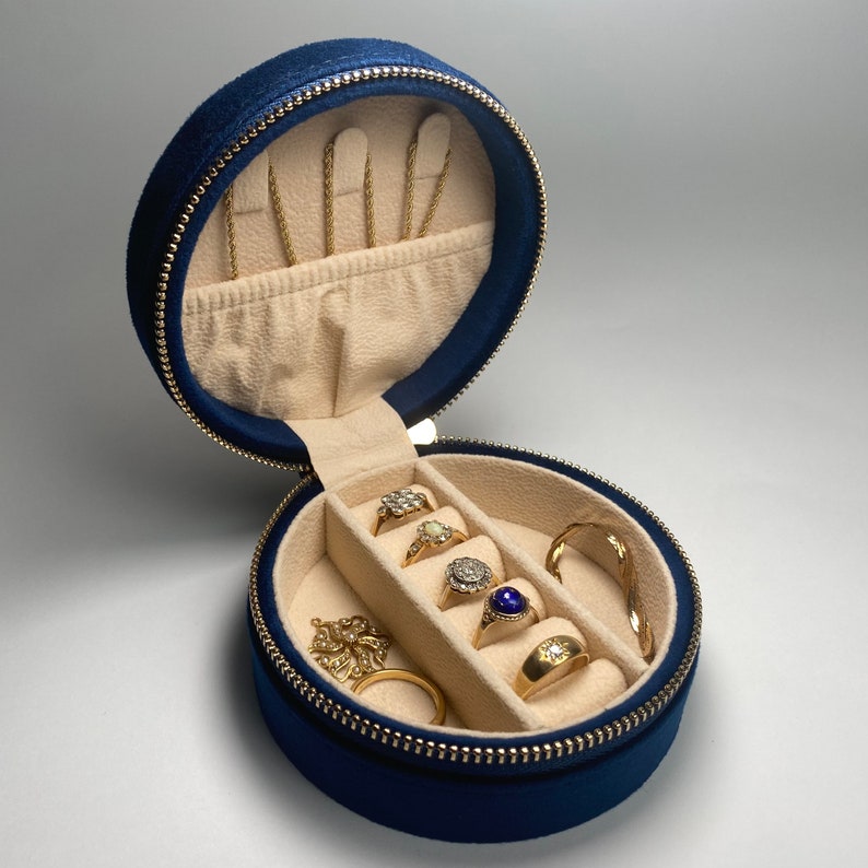 Blue Velvet Embroidered Celestial Design Round Travel Jewellery Box - Etsy