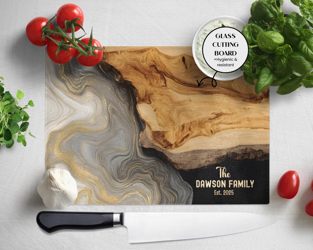 Personalized Glass Cutting Boards Wood & Marble Effect, Wedding Gift ...