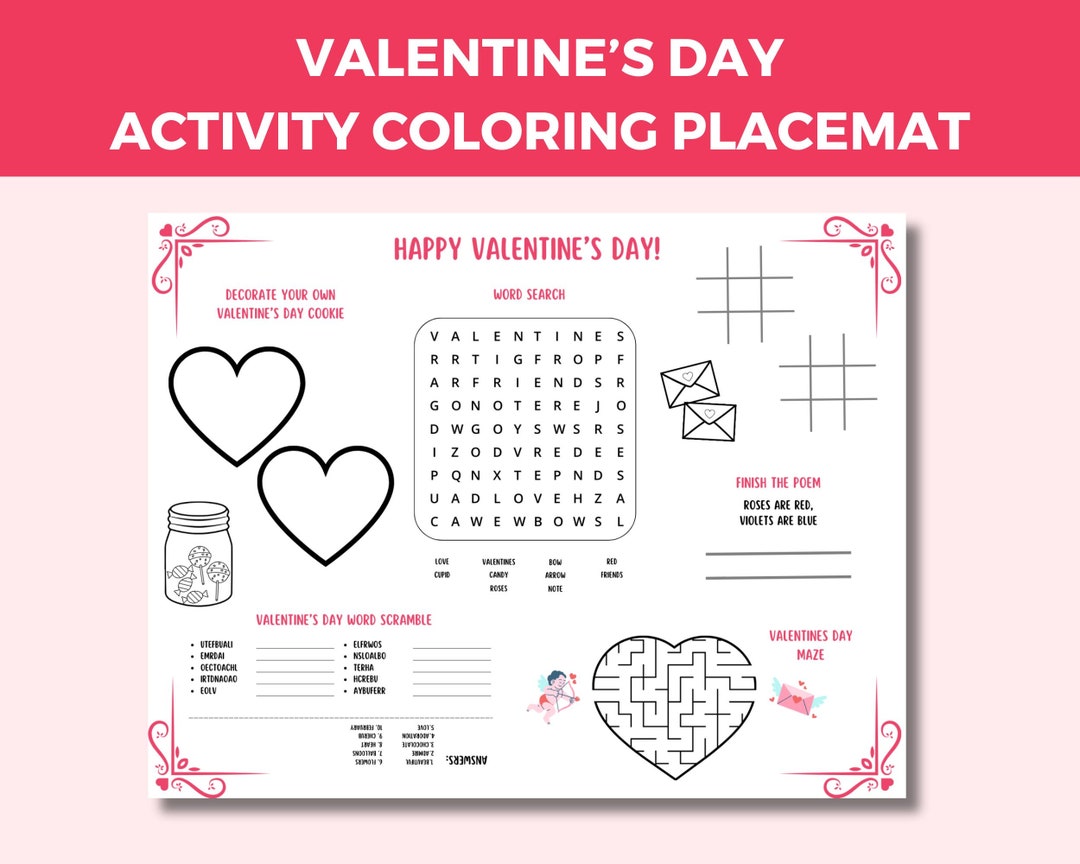 Valentine's Day Coloring Placemat, Worksheet for Kids and Toddlers ...