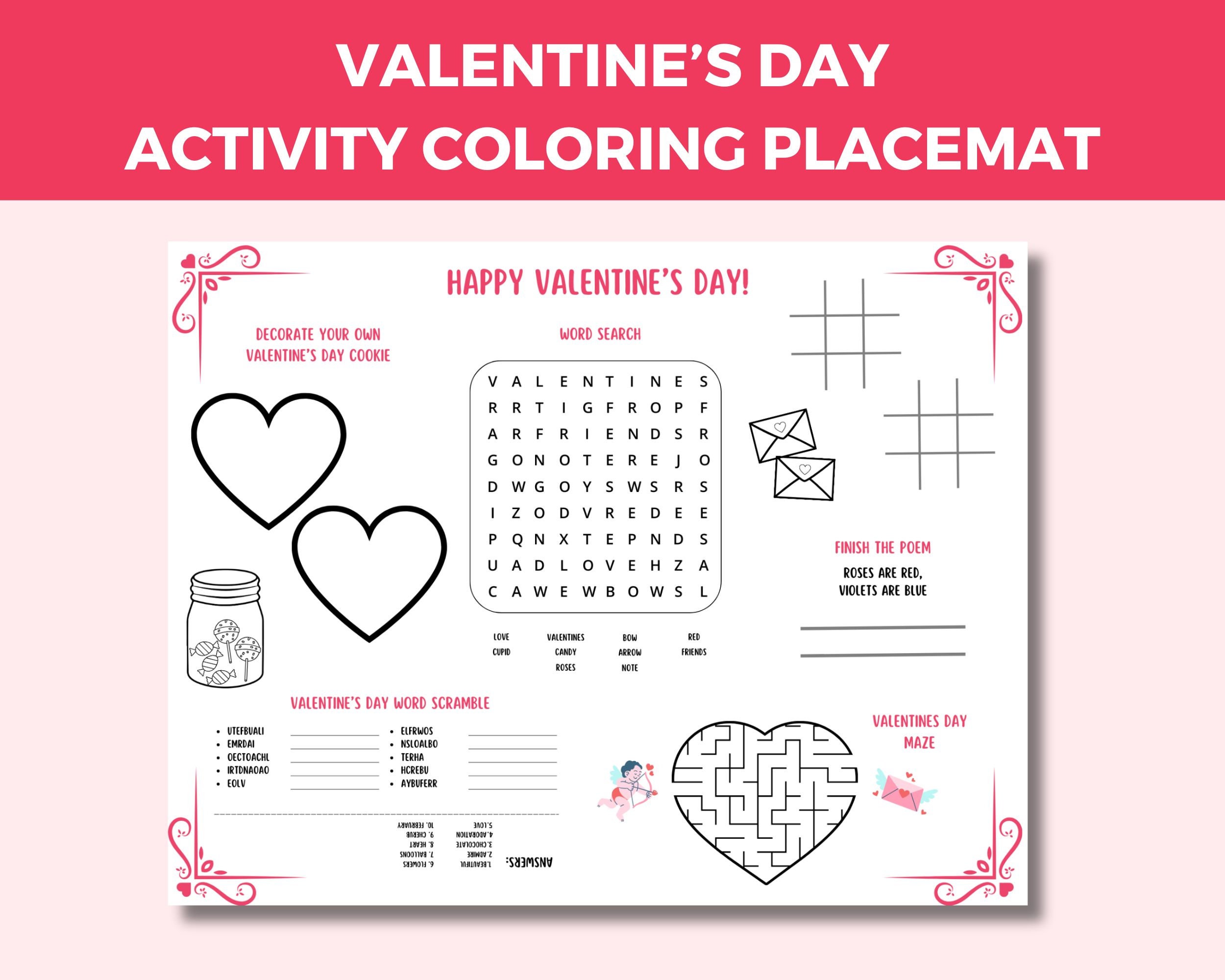 Valentine's Day Coloring Placemat, Worksheet for Kids and Toddlers ...