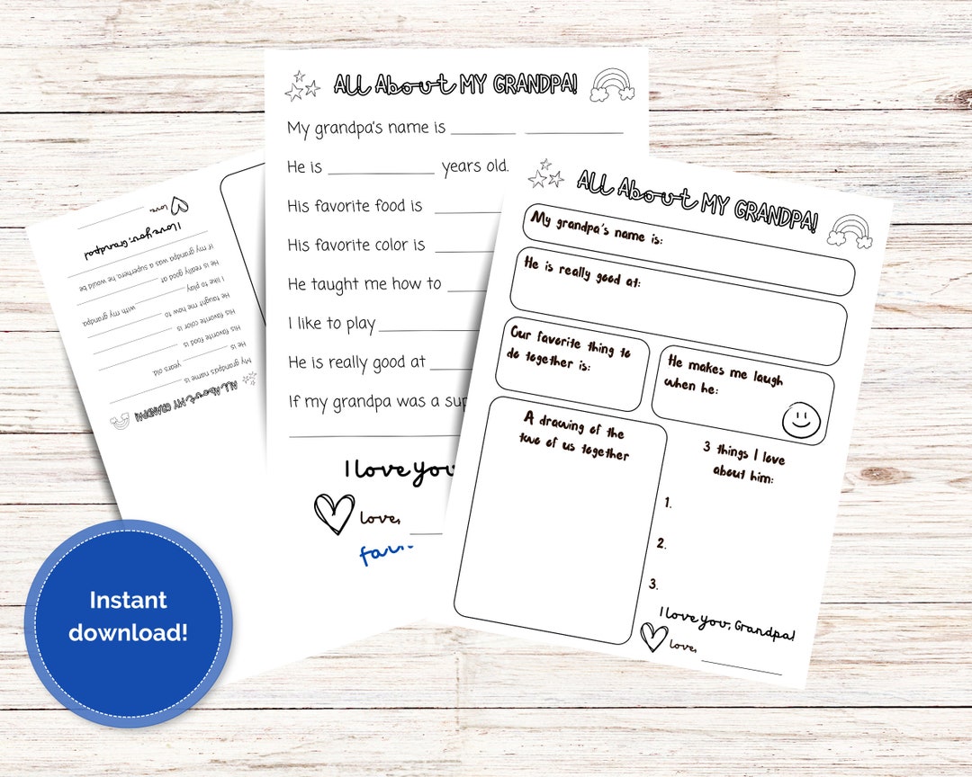All About My Grandpa Questionnaire and Fun Facts, Father's Day, Fill in ...