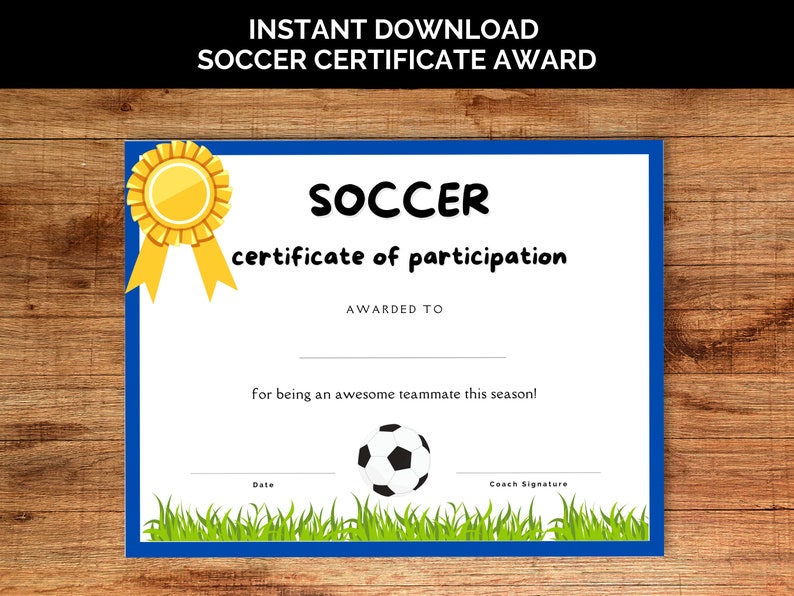 Soccer Certificate of Participation Instant Download, Soccer Team Award ...