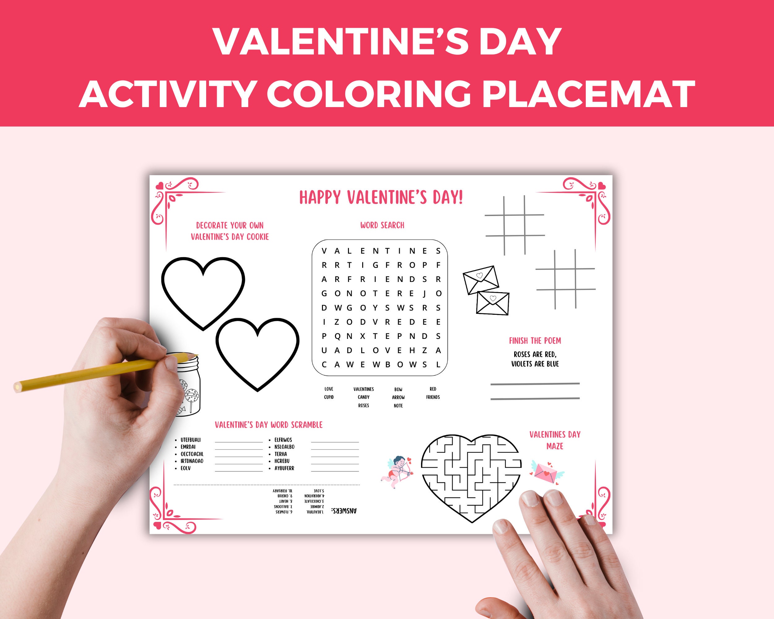 Valentine's Day Coloring Placemat, Worksheet for Kids and Toddlers ...