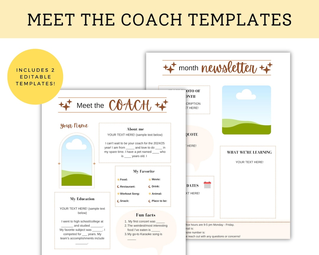 Editable Meet the Coach Template and Monthly Newsletter Template, Back ...