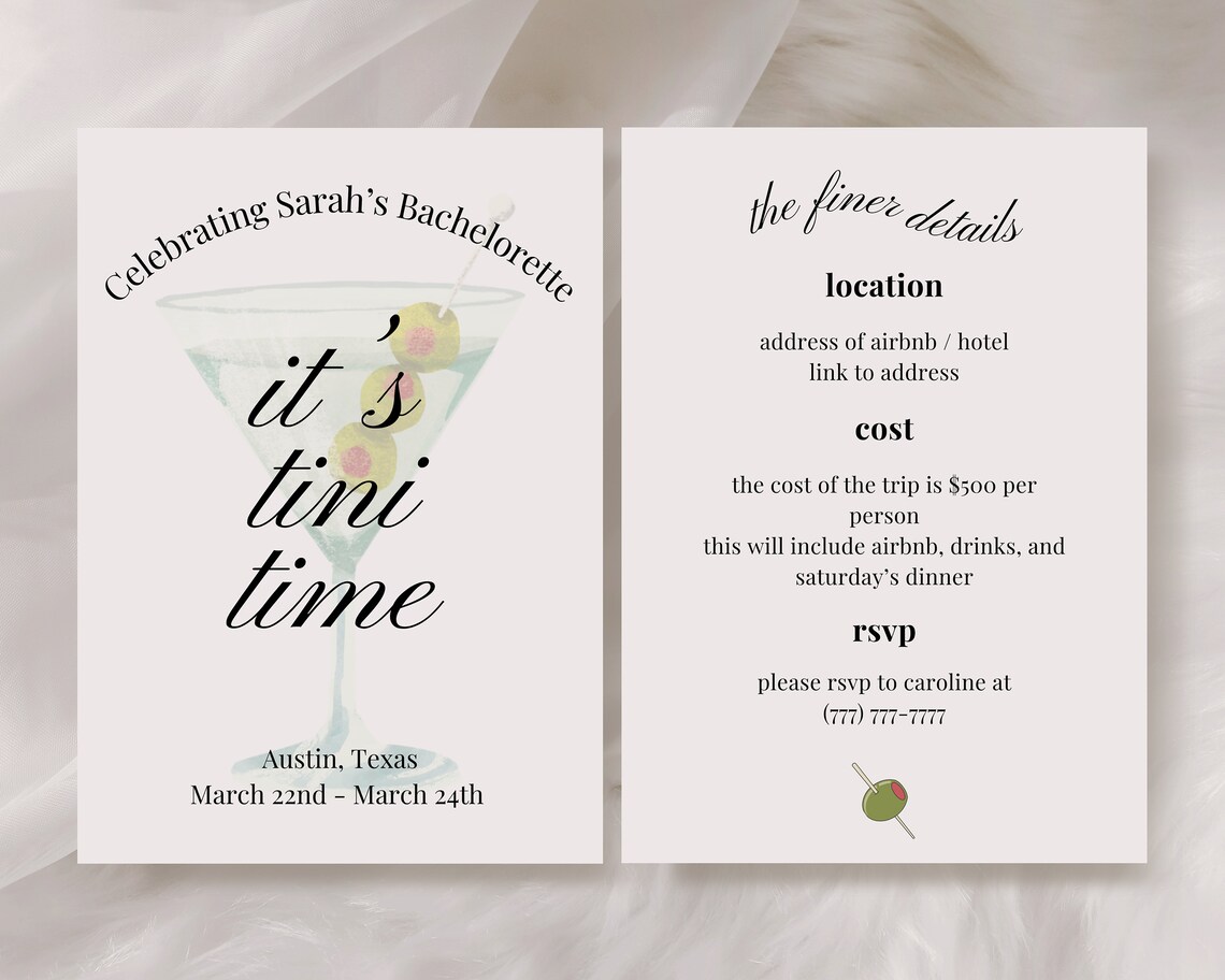 Modern Tini Time Bachelorette Invitation and Itinerary Digital Template ...